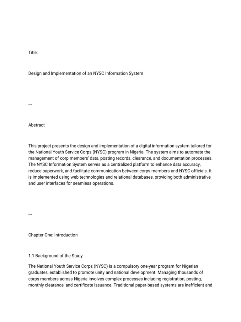 Design and Implementation of An NYSC Information System | PDF ...