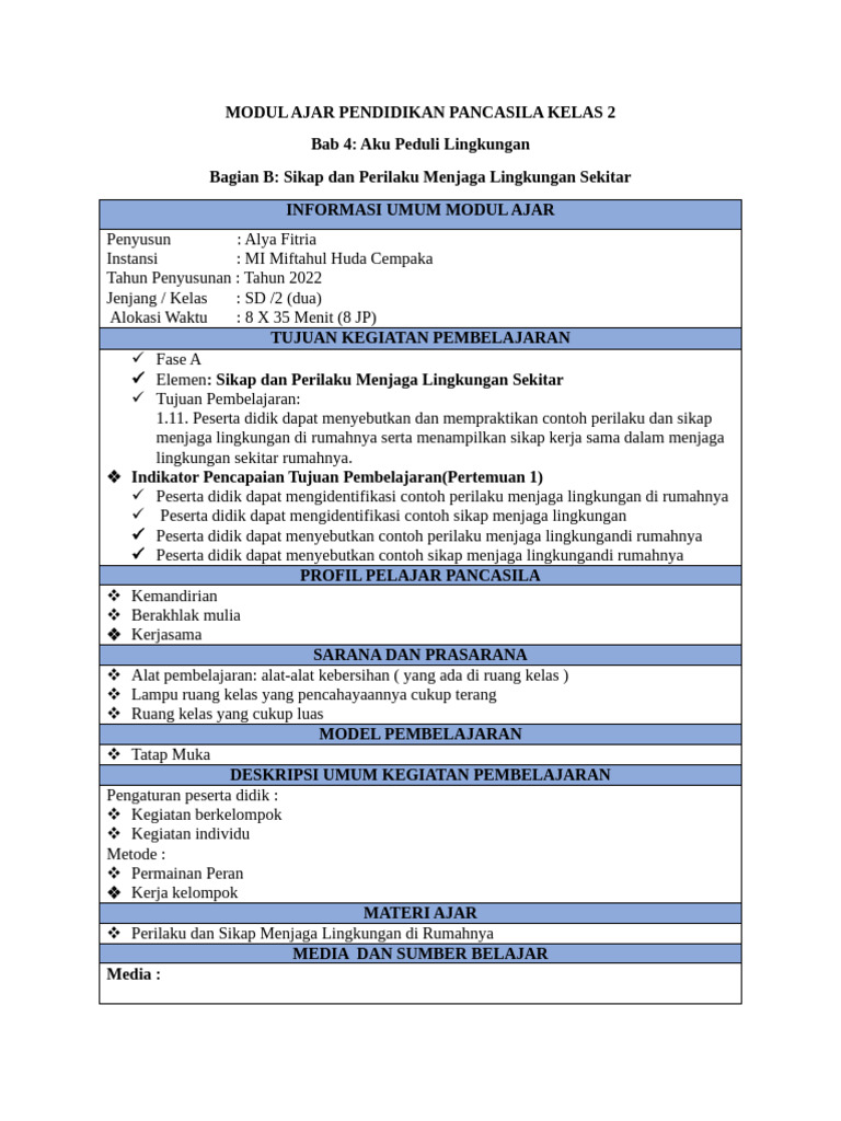Modul Ajar Pendidikan Pancasila Kelas 2 | PDF