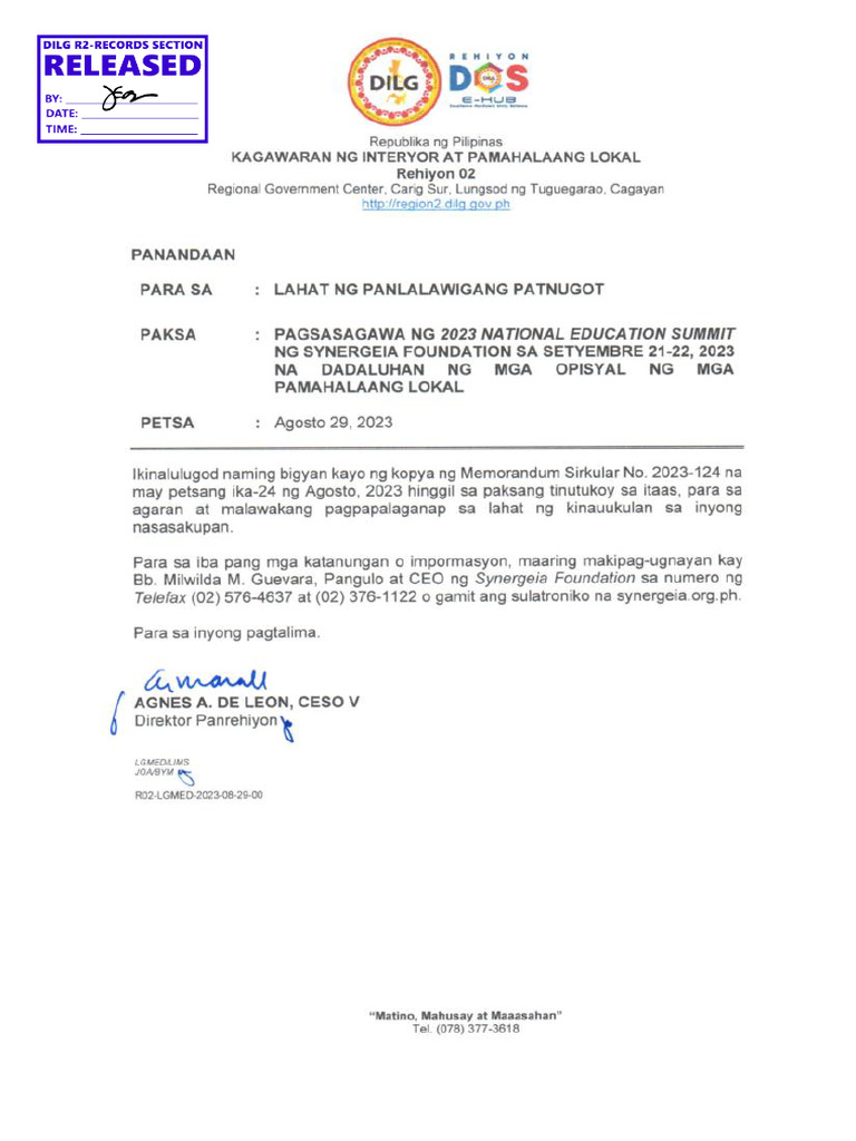 (Attachment) MEMO RE PAGSASAGAWA NG 2023 NATIONAL EDUCATION SUMMIT NG ...