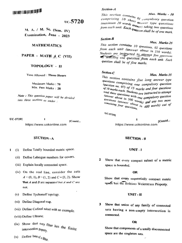 Ma MSC 4 Sem Mathematics Topology 2 Uc 5720 Jun 2023 | PDF