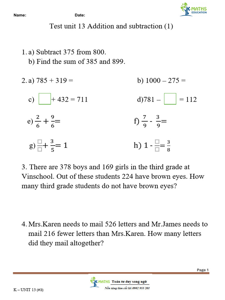 Test Unit 13 Addition and Subtraction | PDF | Arithmetic | Mathematics