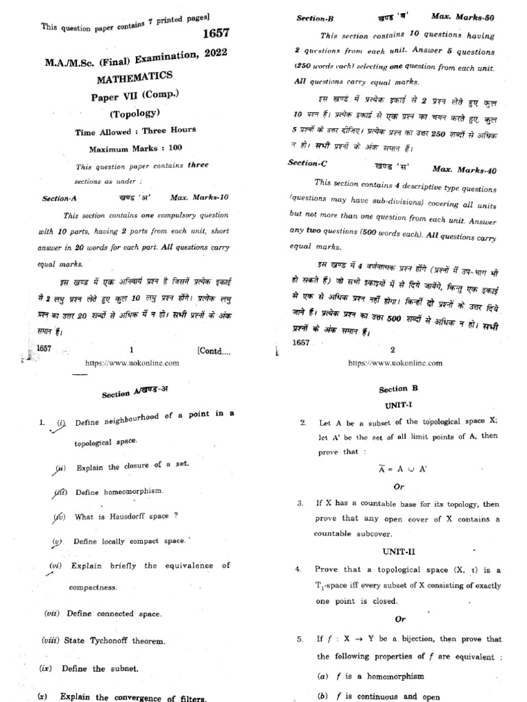 Ma Msc Part 2 Mathematics Topology 1657 2022 | PDF