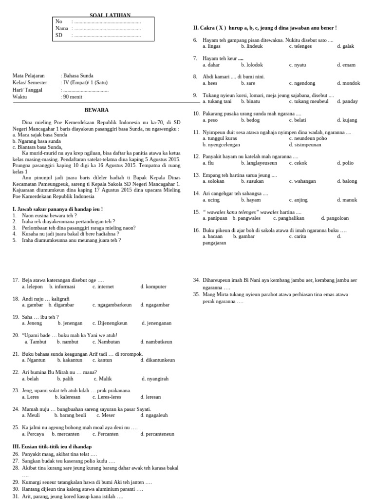 Soal Latihan PAS B. Sunda Kls 4 | PDF