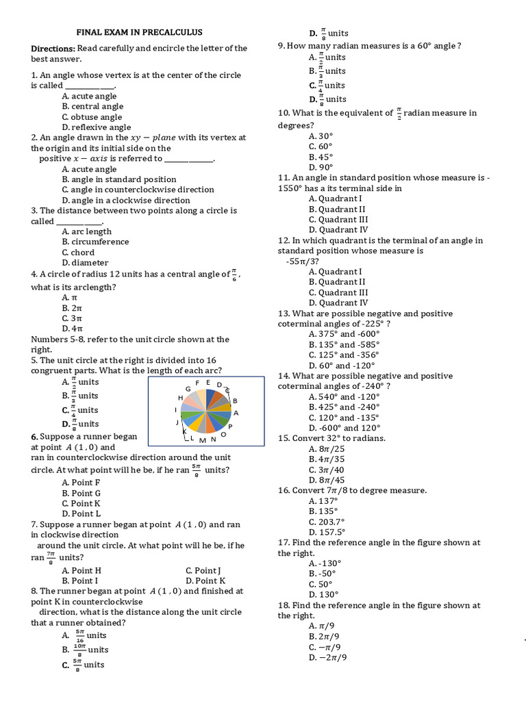 Final Exam in Precalculus | PDF | Angle | Elementary Mathematics