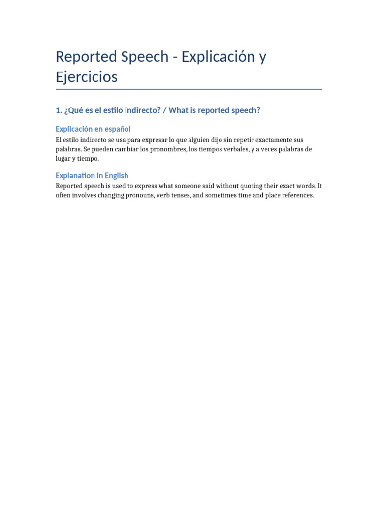Reported Speech Explicacion y Ejercicios | PDF | Lingüística | Relaciones sintácticas