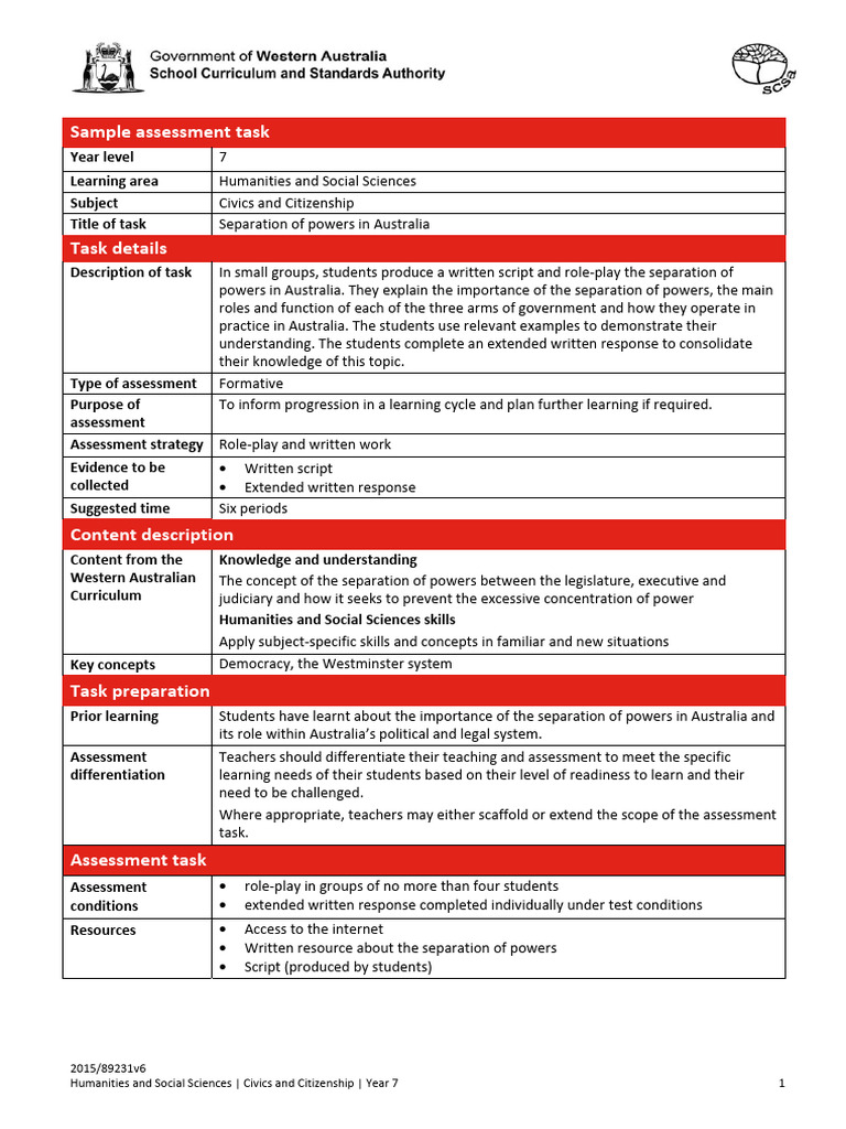HASS Civics and Citizenship Year 7 Assessment Task Separation of Powers ...
