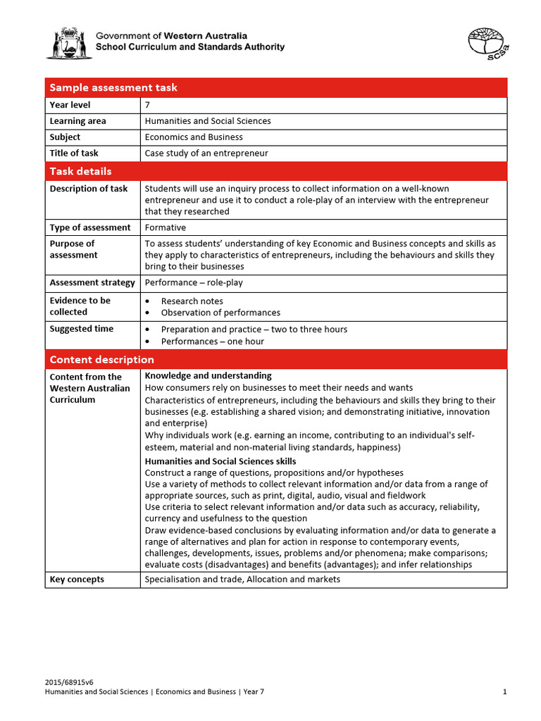 HASS Economics and Business Year 7 Assessment Activity 2case Study of ...