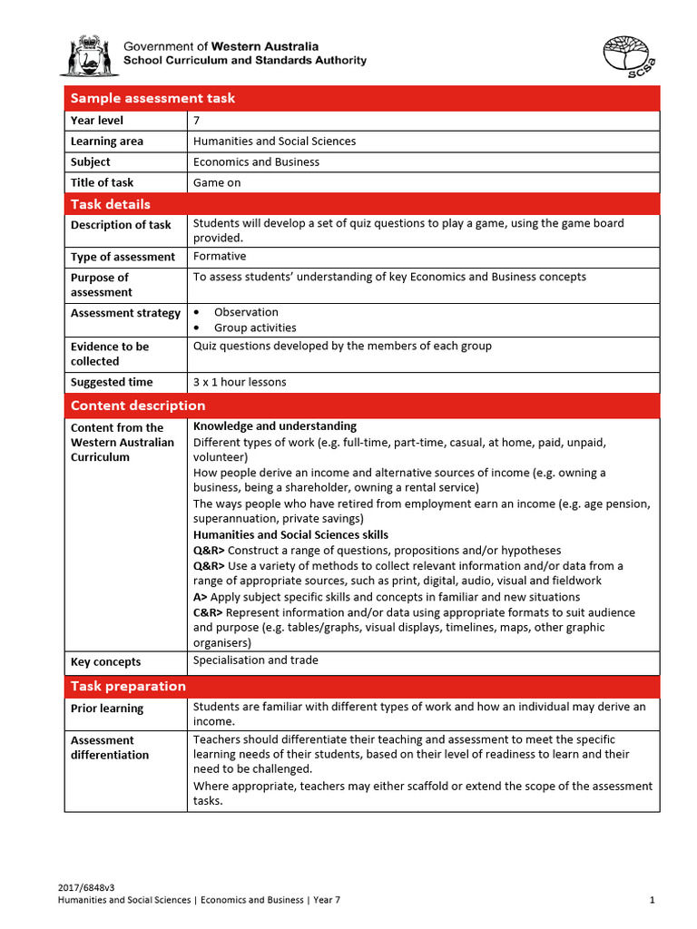 HASS Economics and Business Year 7 Assessment Activity 3 Game On | PDF ...