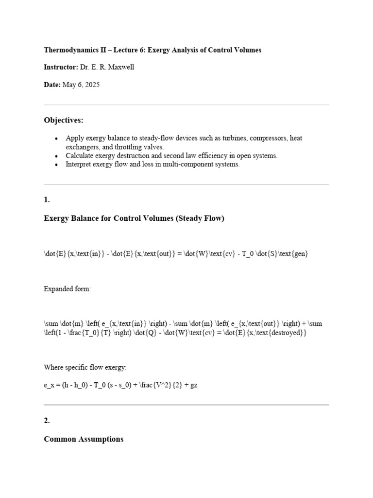 Lecture 6- Exergy Analysis of Control Volumes | PDF | Exergy | Gas ...