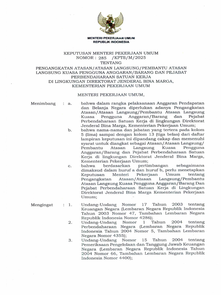 SK 285-KPTS-M-2025 Ditjen Bina Marga | PDF