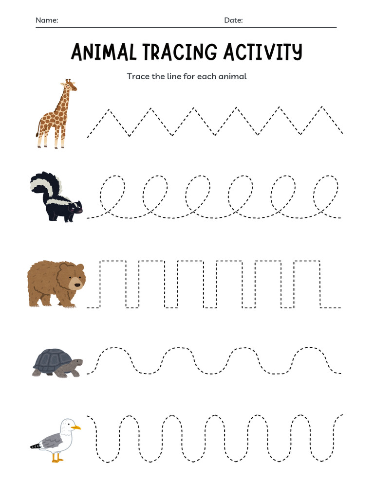 Animal Tracing Activity Worksheet in Colorful Illustrative Style | PDF