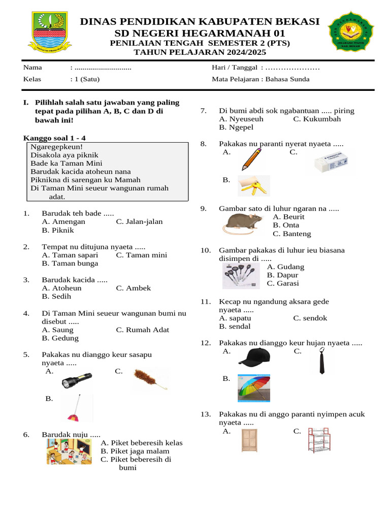 Soal PTS Kelas 1 B. Sunda | PDF