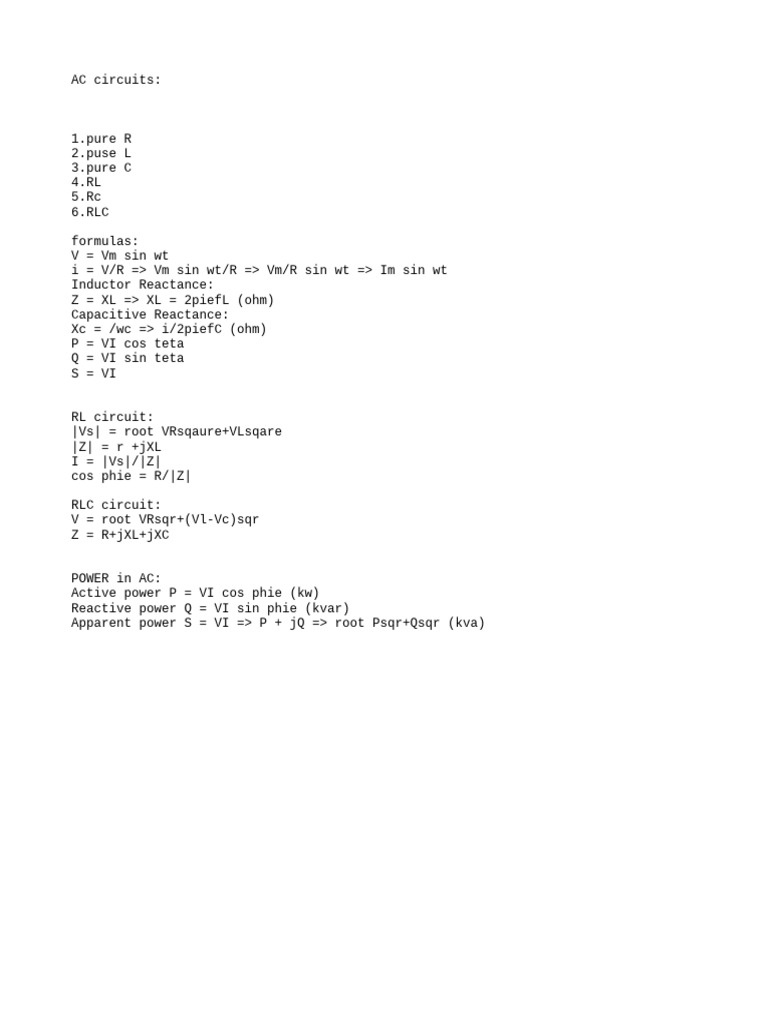 AC Circuit Formulas and Power Analysis | PDF