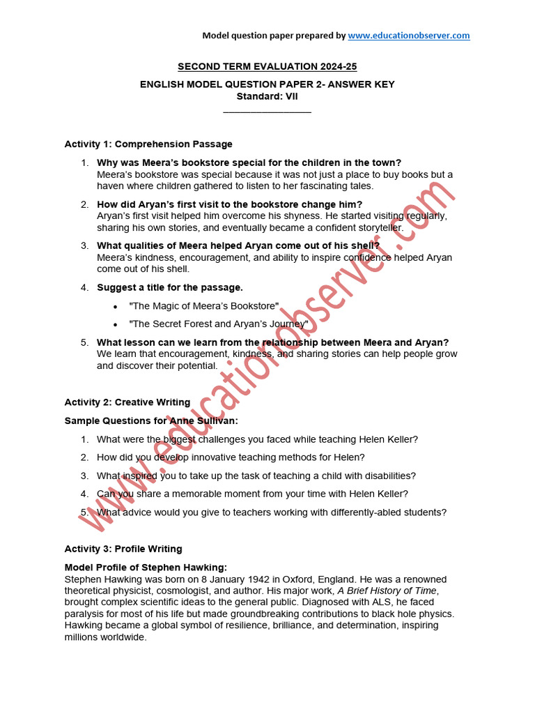 Kerala STD 7 Second Term Exam 2024 - EnGLISH Model Question Paper 2 Answer Key | PDF | Learning