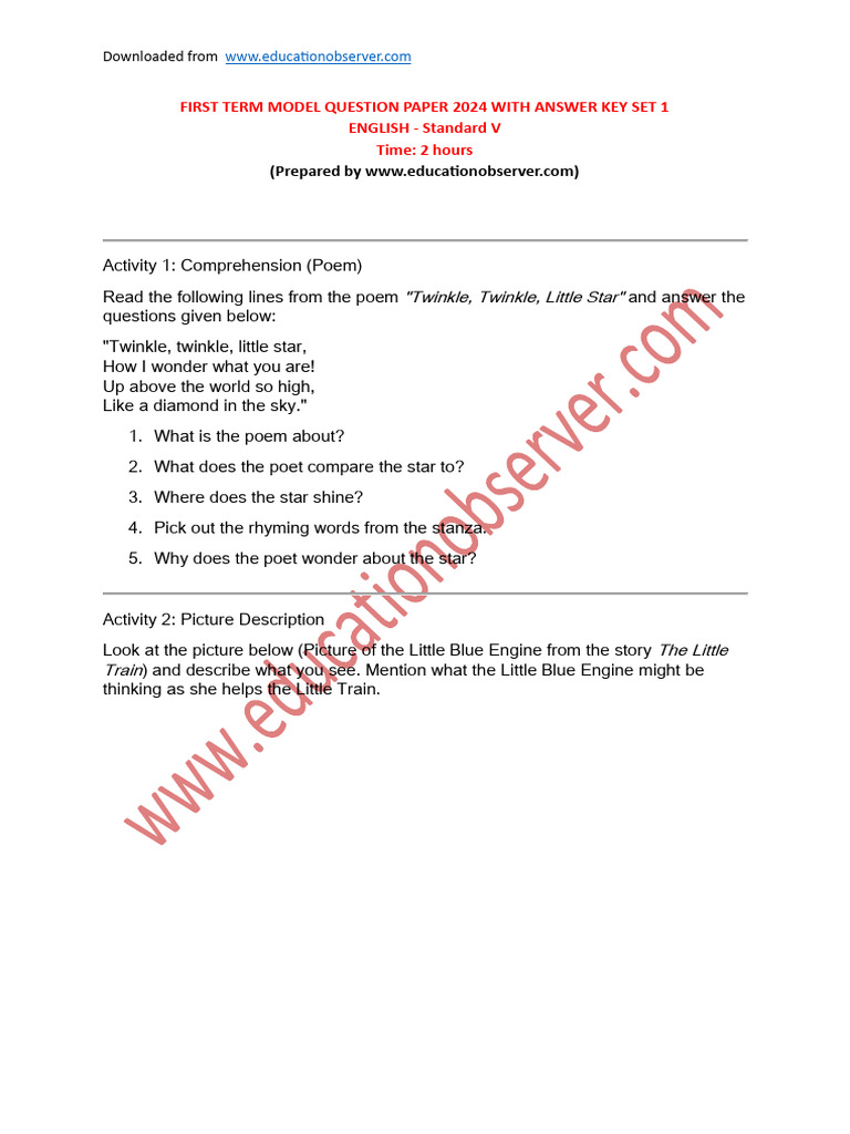 5th ENGLISH First Term Model Question Paper - by Educationobserver - Com 2 | PDF | Poetry