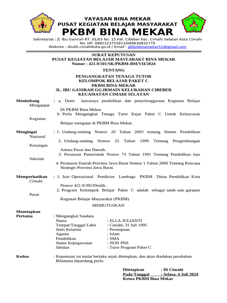 SK PKBM Bina Mekar | PDF
