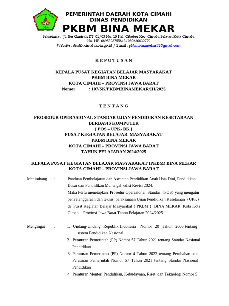 Pos - Upk-Bk - PKBM Bina Mekar - Kota - Cimahi - 2025 | PDF