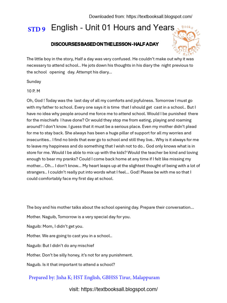 STD Ix English Chap 01.discourses Based On The Lesson - Half A Day@Textbooks All | PDF