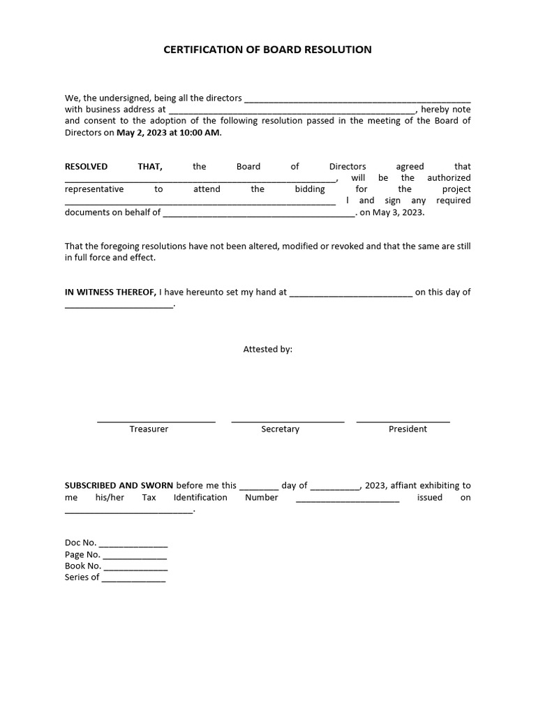 Board Resolution Certification Template | PDF