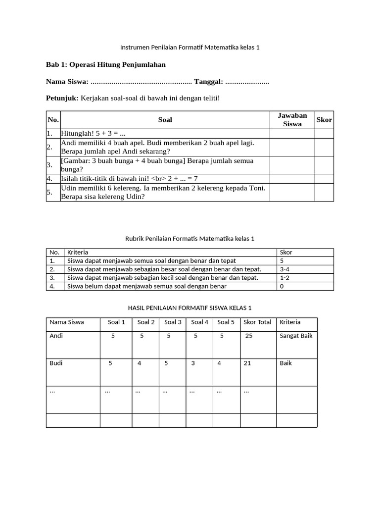 Instrumen Penilaian Formatif Matematika Kelas 1 | PDF