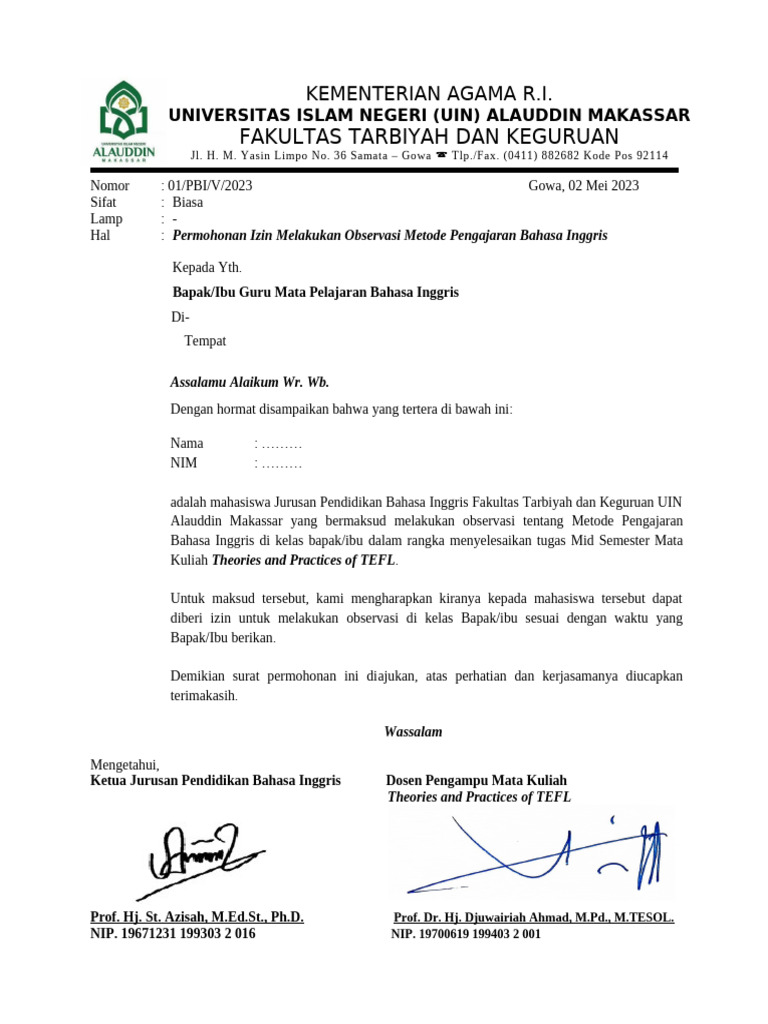 Izin Observasi Mid Tefl | PDF
