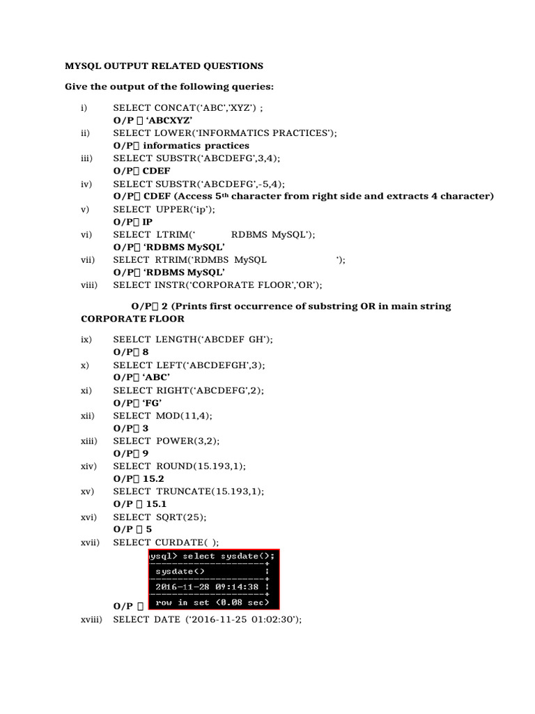 Mysql Output Related Questions 12 | PDF | String (Computer Science) | Computer Science