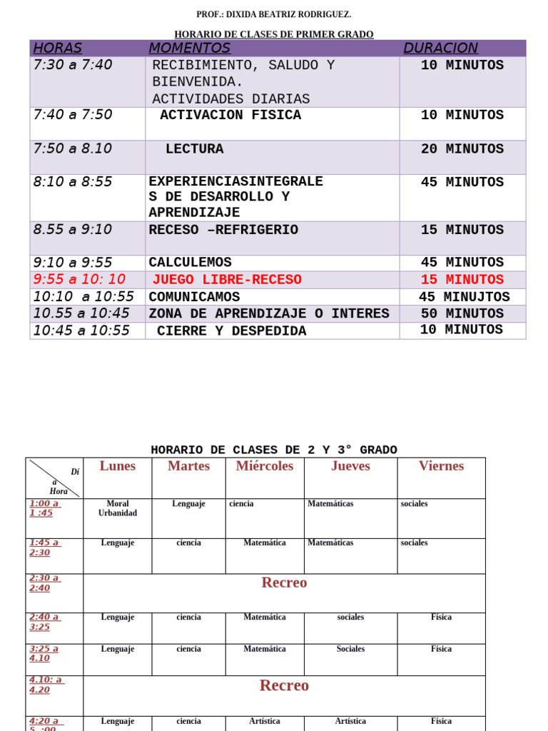Horario Escolar de Primer Grado | PDF