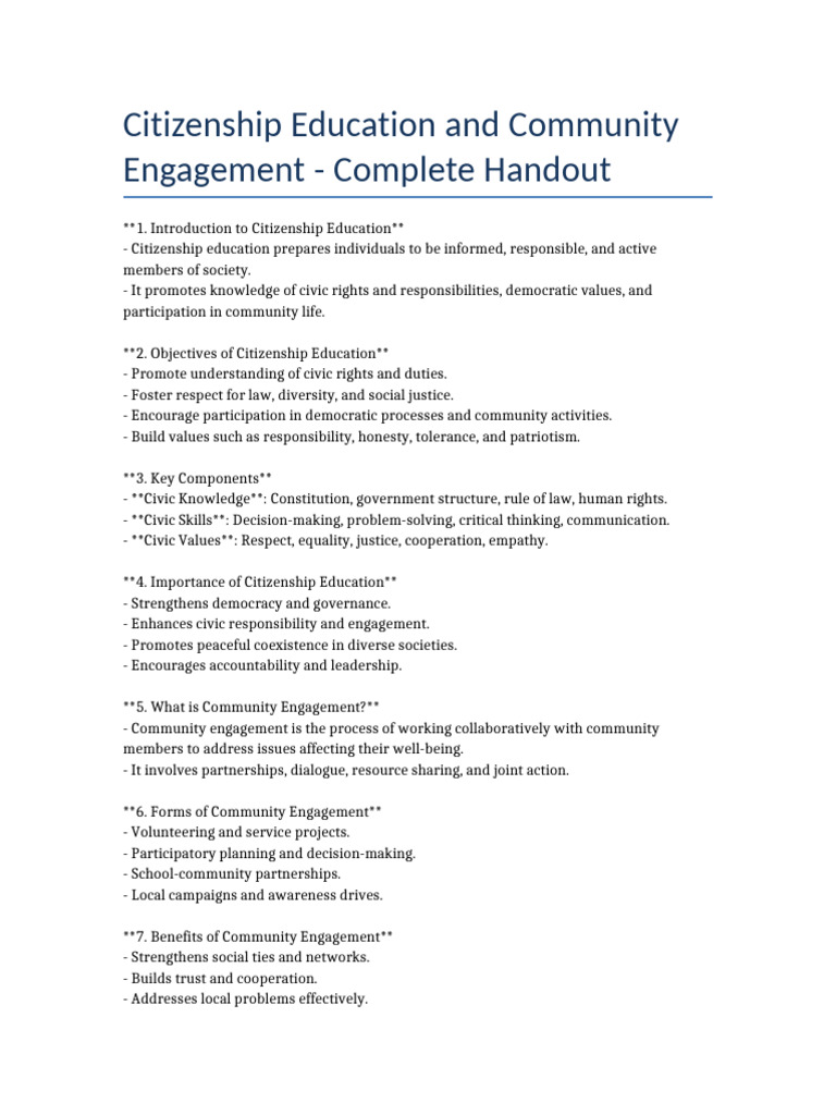 Citizenship Education and Community Engagement Handout | PDF ...