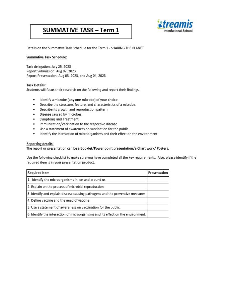 G5 Summative Task Term 1 STP | PDF | Microorganism | Vaccines