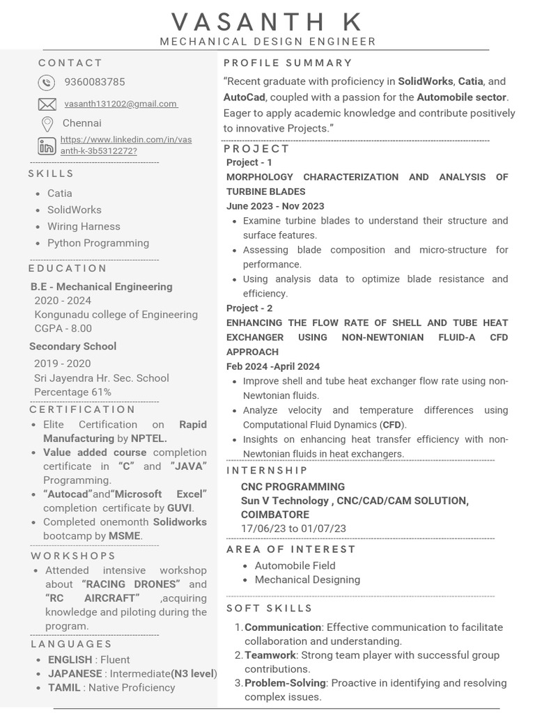 Vasanth K Design Resume New | PDF | Mechanical Engineering | Heat Exchanger
