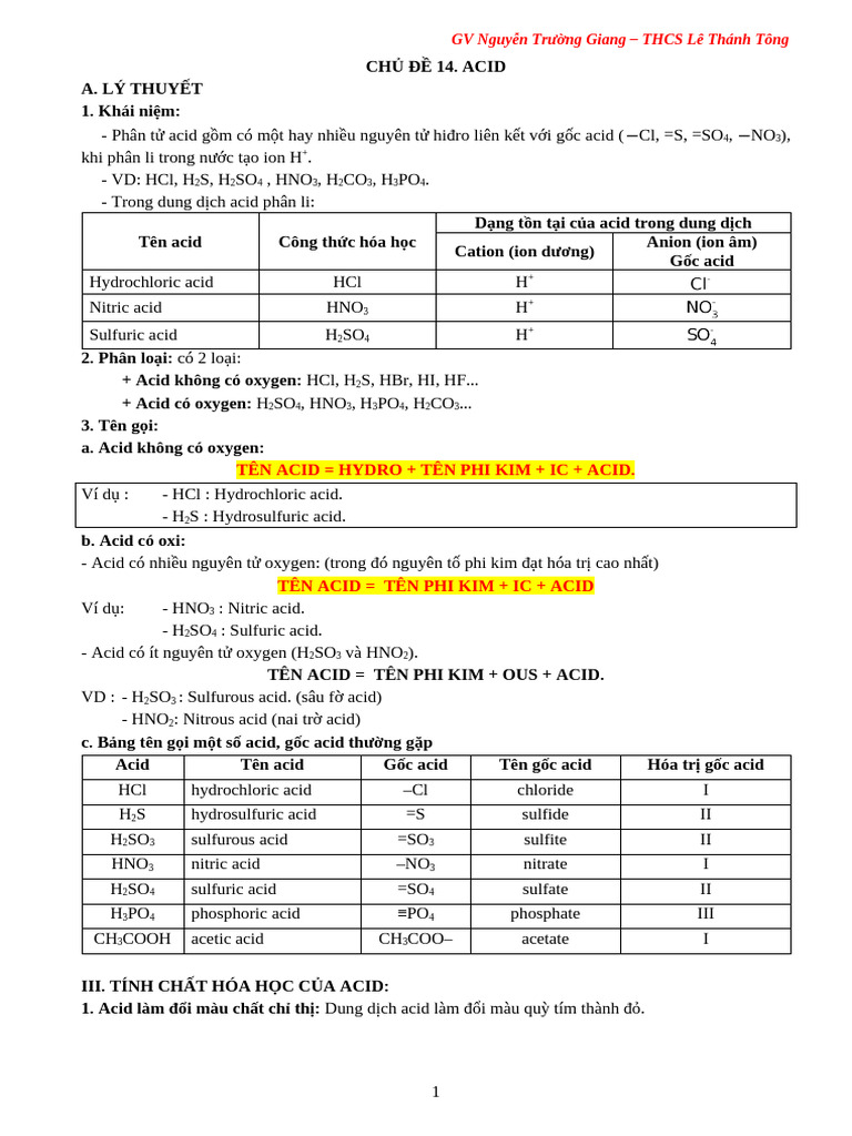 1. Chuyên Đề 14. Acid - Hs | PDF