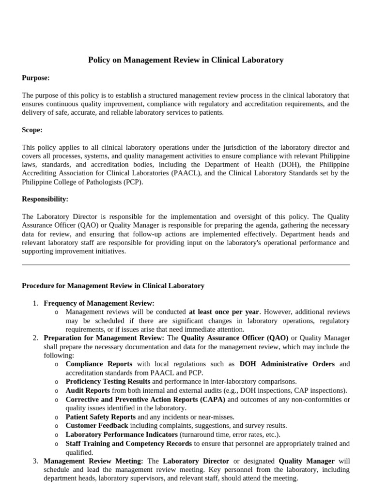 Policy On Management Review in Clinical Laboratory | PDF | Laboratories ...