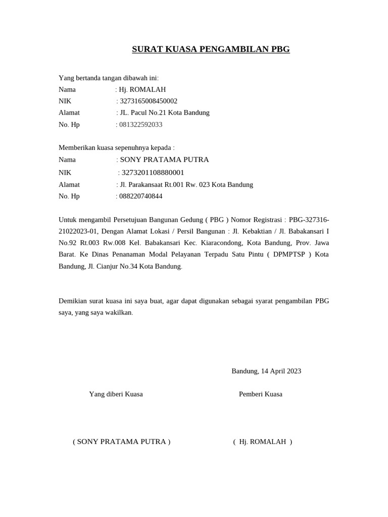 SURAT KUASA PENGAMBILAN Jl. Budi Kav 12 | PDF