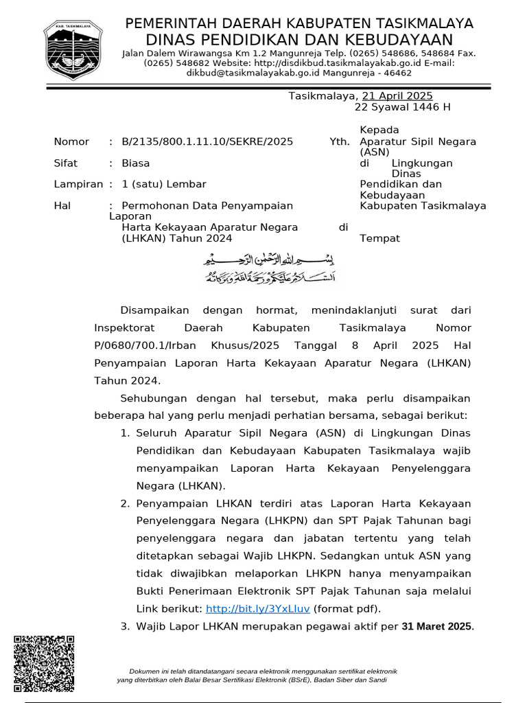 Permohonan Data Penyampaian Laporan Harta Kekayaan Aparatur Negara (LHKAN) Tahun 2024 | PDF