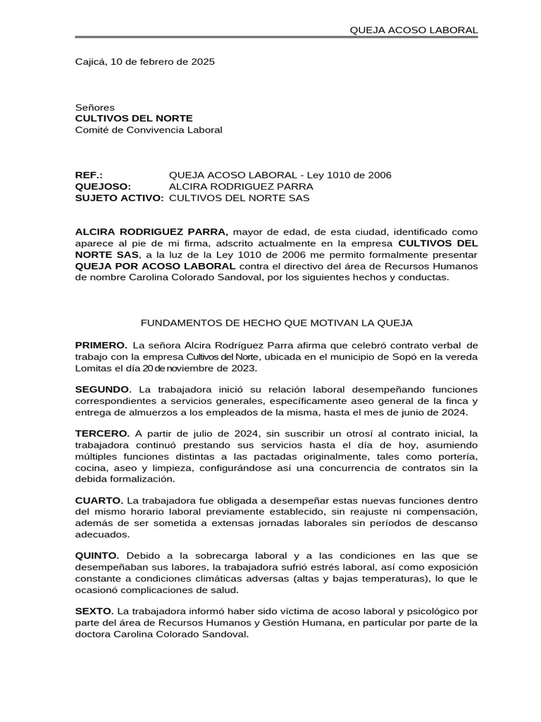 Queja por Acoso Laboral de Alcira Rodríguez | PDF | Derecho laboral