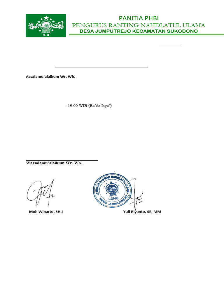 Surat Pemberitahuan Kegiatan Pengajian Umum Phbi Prnu Jumputrejo ...