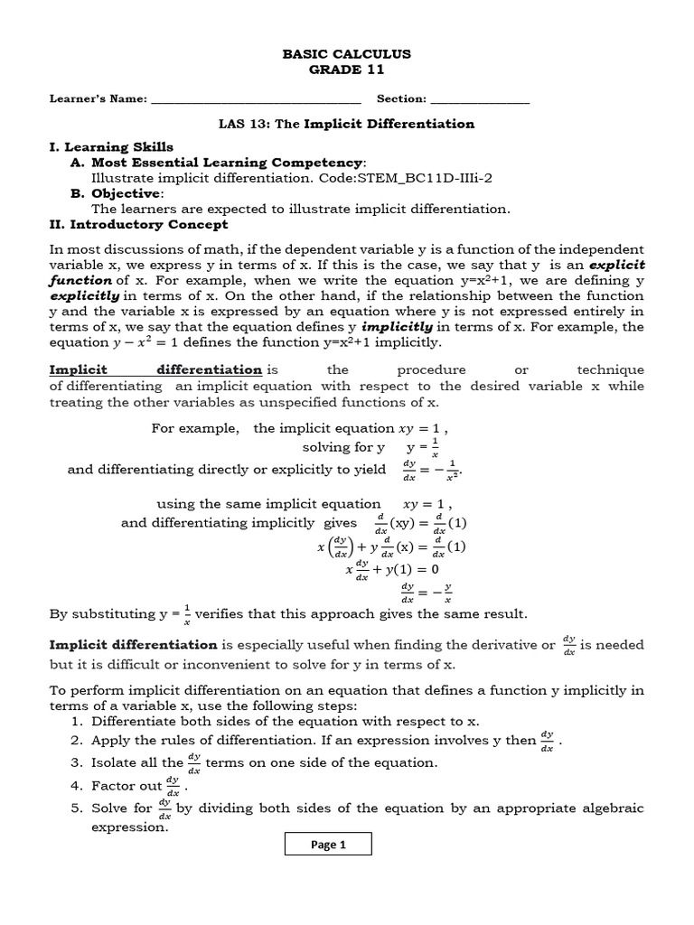 L13 The Implicit Differentiation | PDF | Equations | Derivative