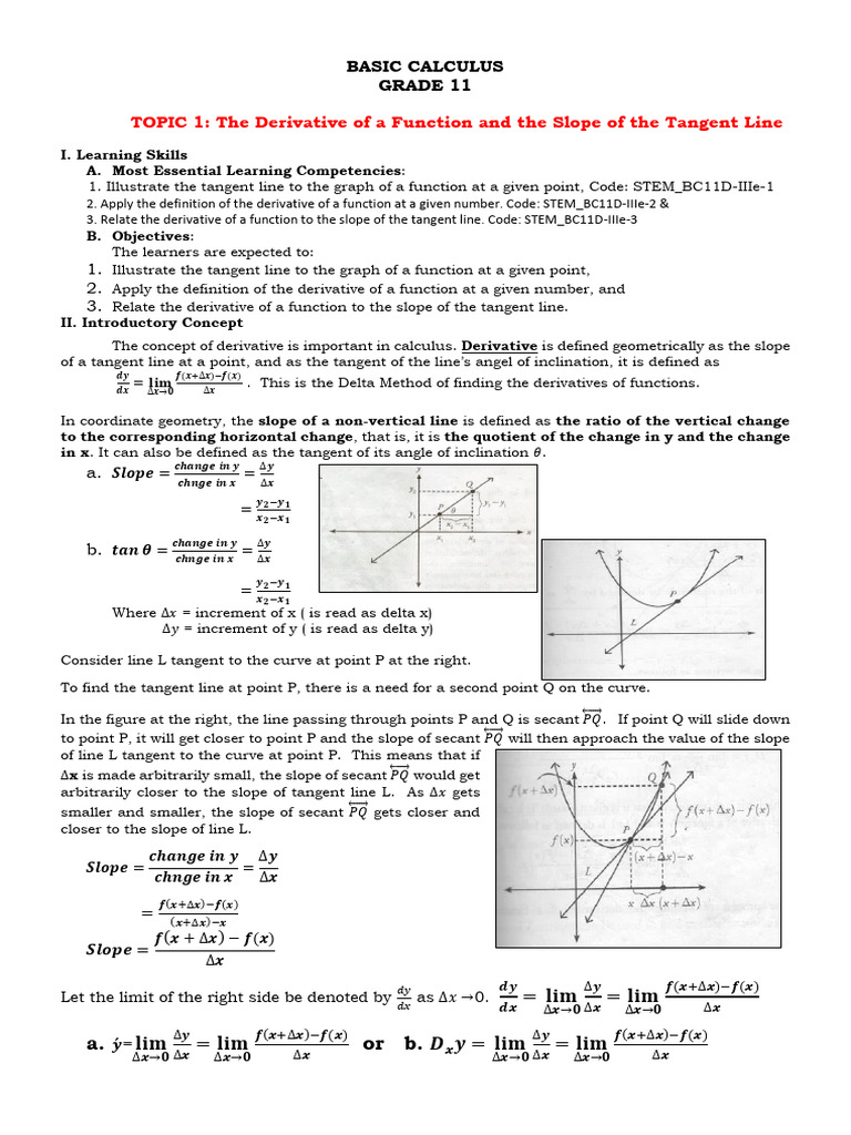 Lesson 8 10 11 Derivative of A Function and Slope of The Tangent Line | PDF | Tangent | Slope
