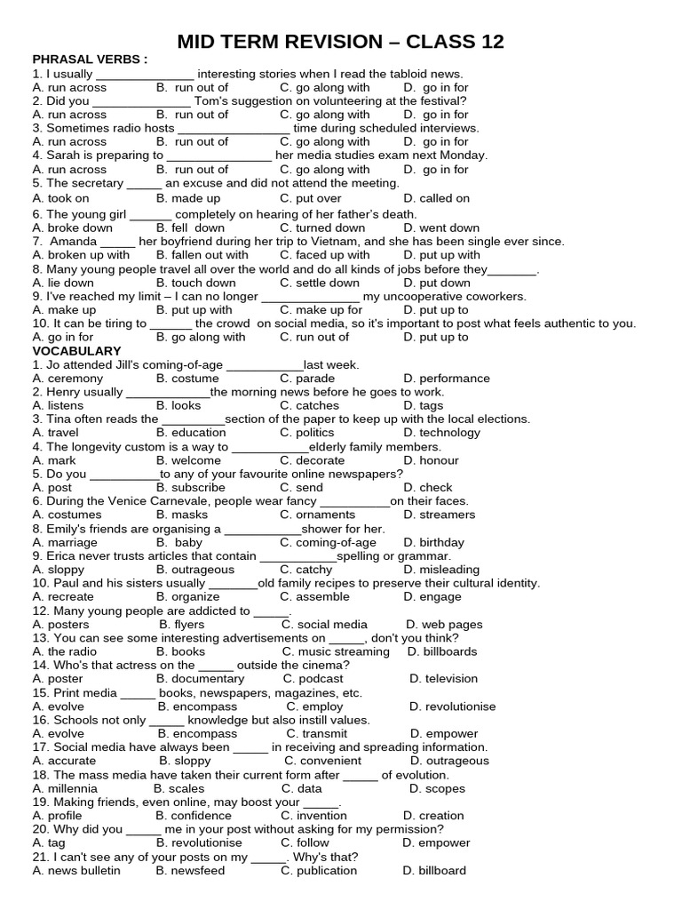 Class 12 Midterm Revision: Phrasal Verbs | PDF