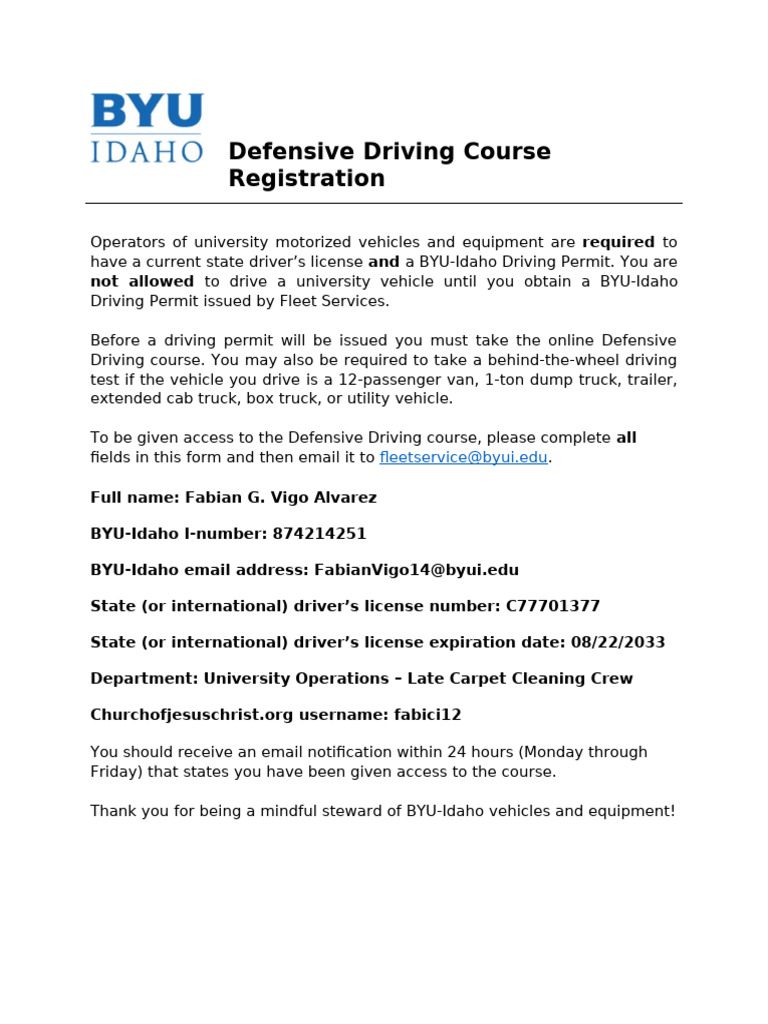 Defensive Driving Course Registration | PDF