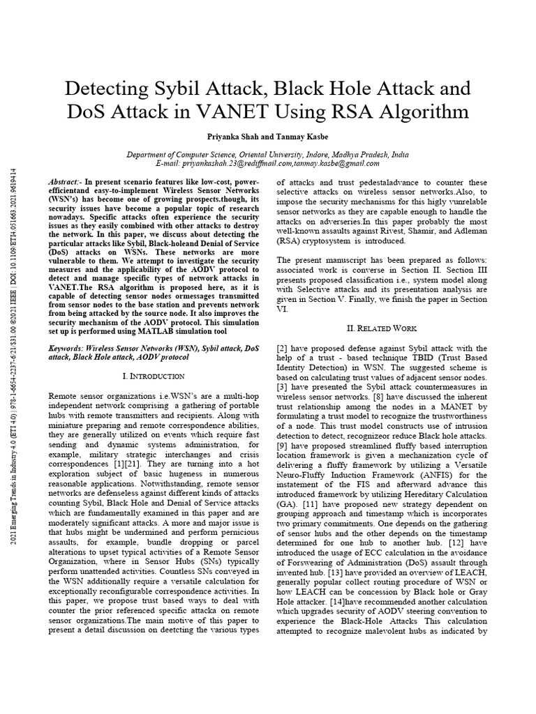 Detecting Sybil Attack Black Hole Attack and DoS Attack in VANET Using RSA Algorithm | PDF ...