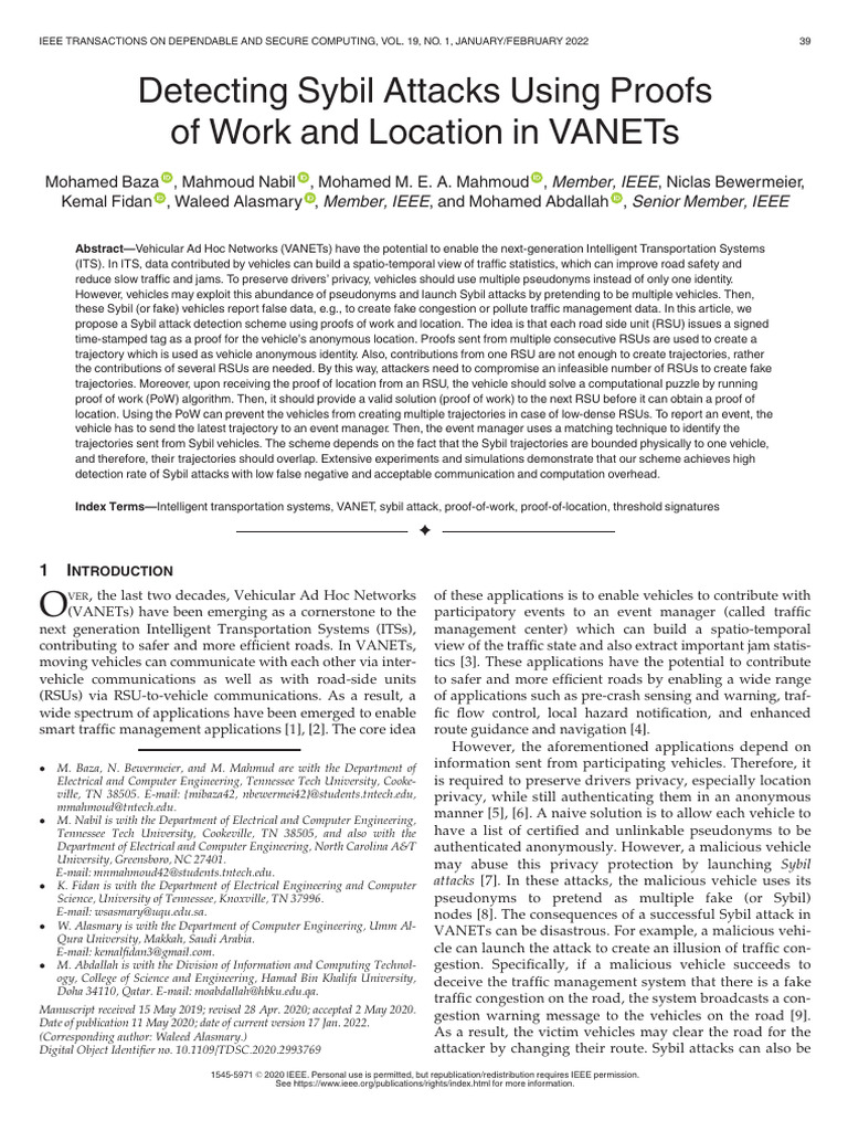 Detecting Sybil Attacks Using Proofs of Work and Location in VANETs | PDF | Public Key ...