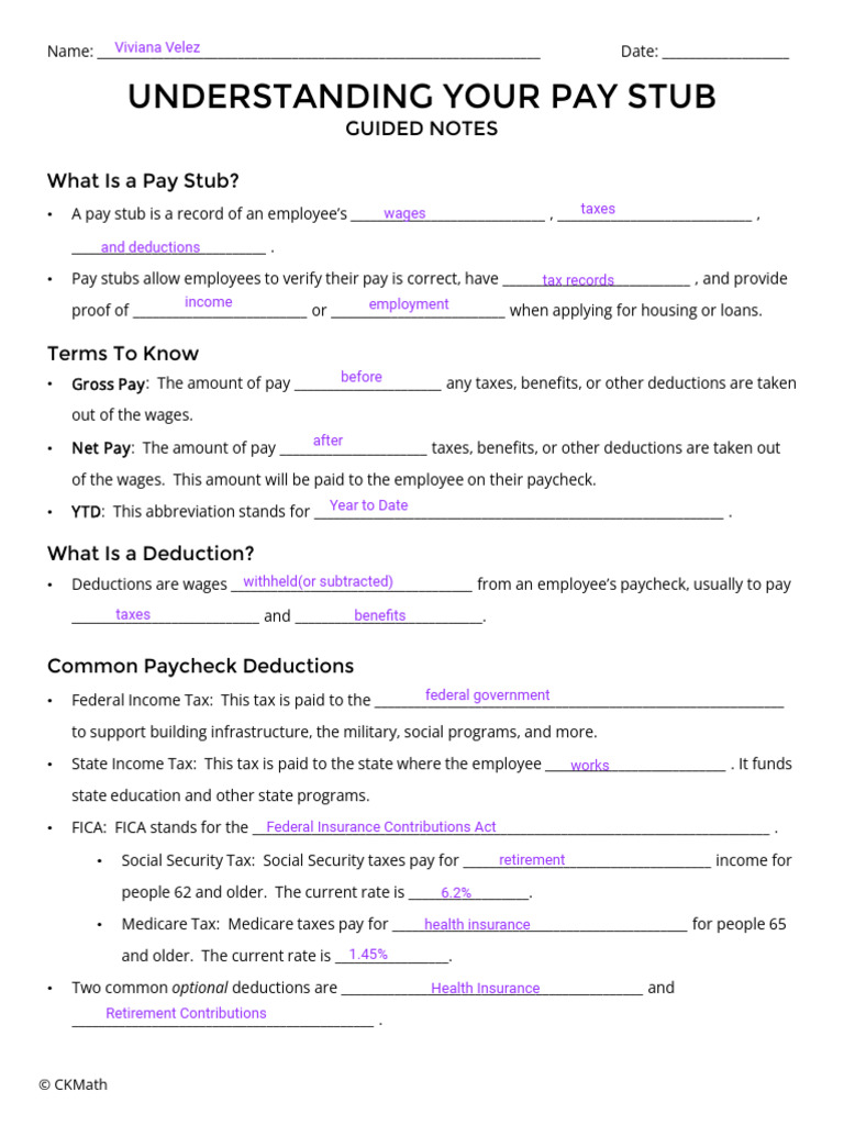 006 - Understanding Your Pay Stub Guided Notes and Practice Worksheet-V ...