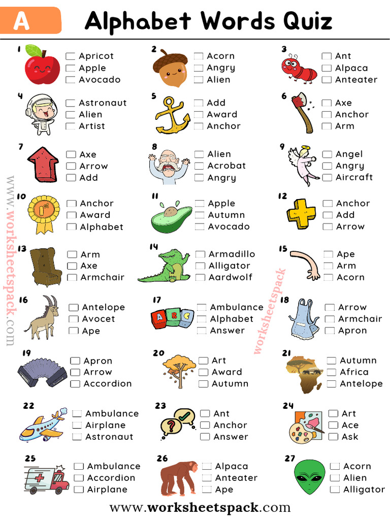 Alphabet Words Picture Quiz 1 | PDF