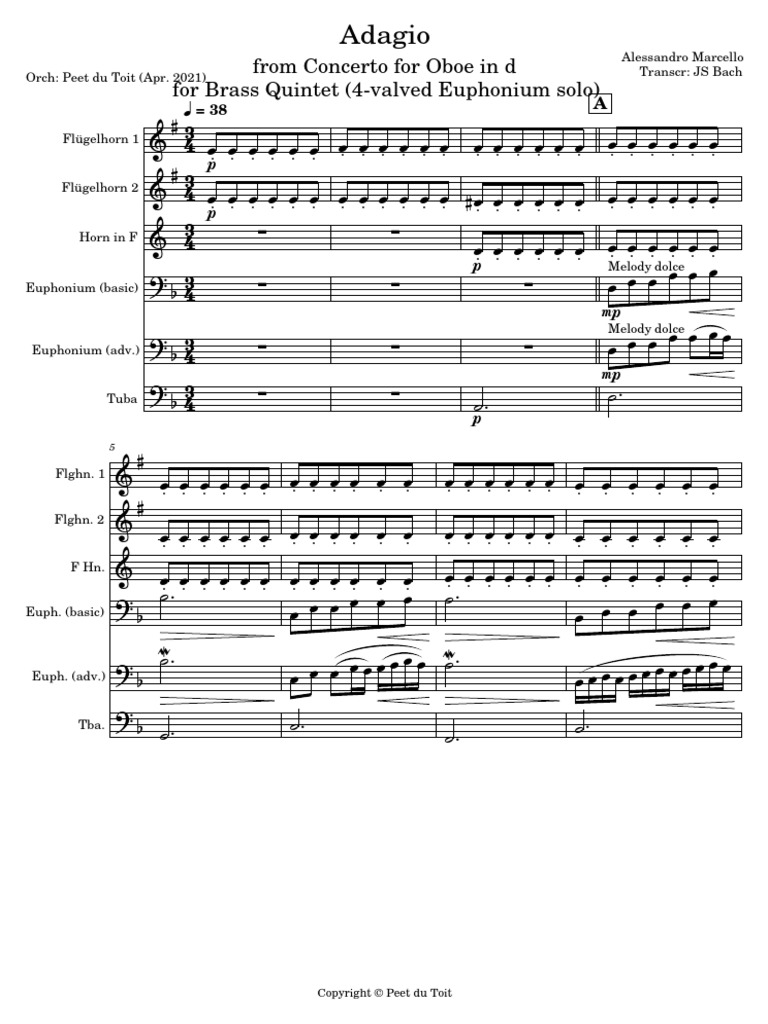 Adagio From Concerto in D For Oboe and Strings, Opus 1, S D935 - Alessandro Marcello | PDF ...