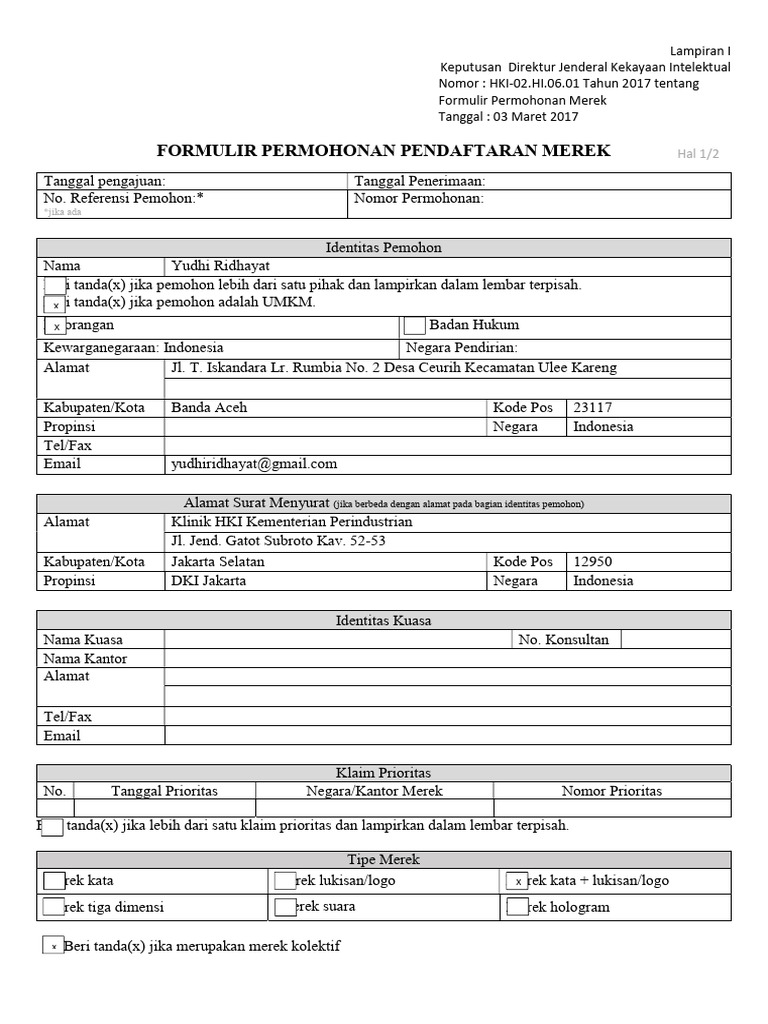 Formulir Permohonan Pendaftaran Merek | PDF