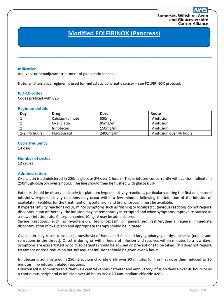 Modified FOLFIRINOX Protocol Overview | PDF | Intravenous Therapy ...