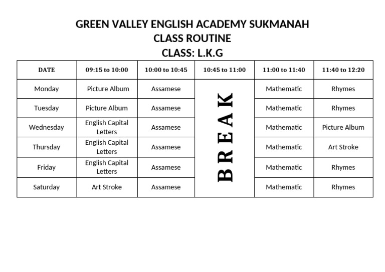 Green Valley English Academy Sukmanah Class Routine Class: L.K.G | PDF