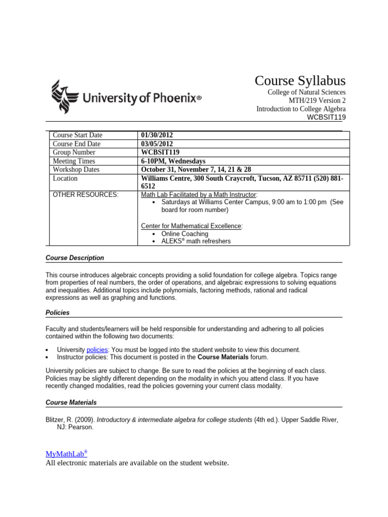 Math 219 Syllabus 103112 | PDF | Factorization | Algebra