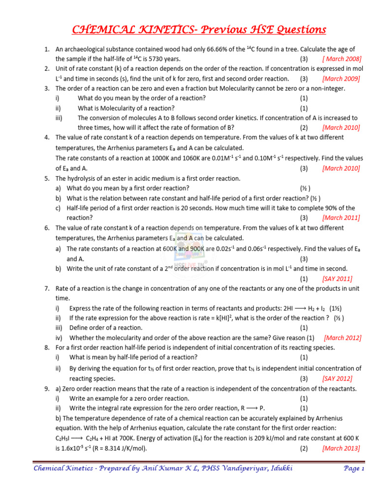 Hsslive Xii Chem QB 3. Chemical Kinetics Qns | PDF | Reaction Rate ...
